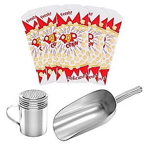Popcorn Machine Supplies Set, 100 Popcorn Bags (1 oz. Paragon 1029), 1-12 oz. Popcorn Scoop, 1-10 oz. Popcorn Season Salt Shaker