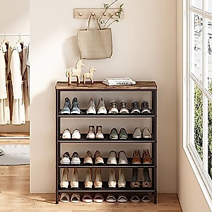 INGIORDAR Shoe Rack Organizer 5 Tier Metal Organizer Shelf with Industrial MDF Board and Layer Fabric for Entryway Closet Bedroom Living Room Garage,Black & Rustic Brown