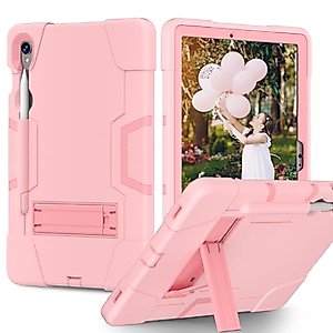 Kezigud Shockproof Kickstand Case for Galaxy Tab S9 11''/S9 FE 10.9'', Heavy Duty Hybrid Rugged Three Layer Soft Silicone+Hard PC with S-Pen Holder Cover for Samsung Tab S9/S9 FE 2023(Rose Gold)