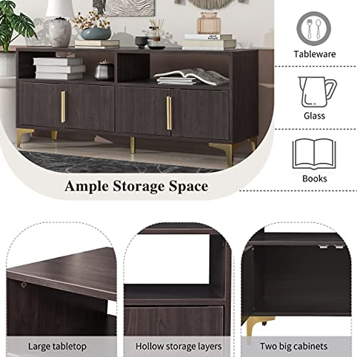 58” L Sideboard with Gold Metal Legs and Handles, Wood Console Table Storage Cabinet Sufficient Storage Space Magnetic Suction Doors (Espresso-J5)