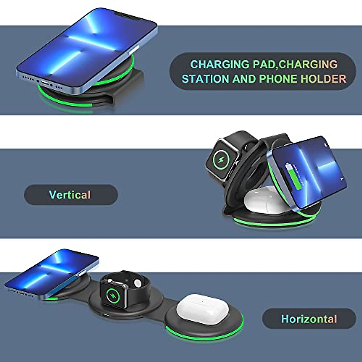 3 in 1 Wireless Charging Station,Apple Magnetic Foldable Fast Charger Pad for Magsafe iPhone14/Pro/Max/Plus/13/12/11/Pro/XS/XR/8,Watch Series 4/5/6/7/8,AirPods 3/2/Pro(Adapter Included)