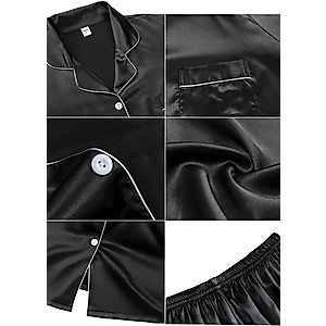 Finvizo Womens Silk Satin Pajamas Set: Soft Short Sleeve Two-piece Pjs Silky Button-down Sleepwear Loungewear Shorts Set,Black M