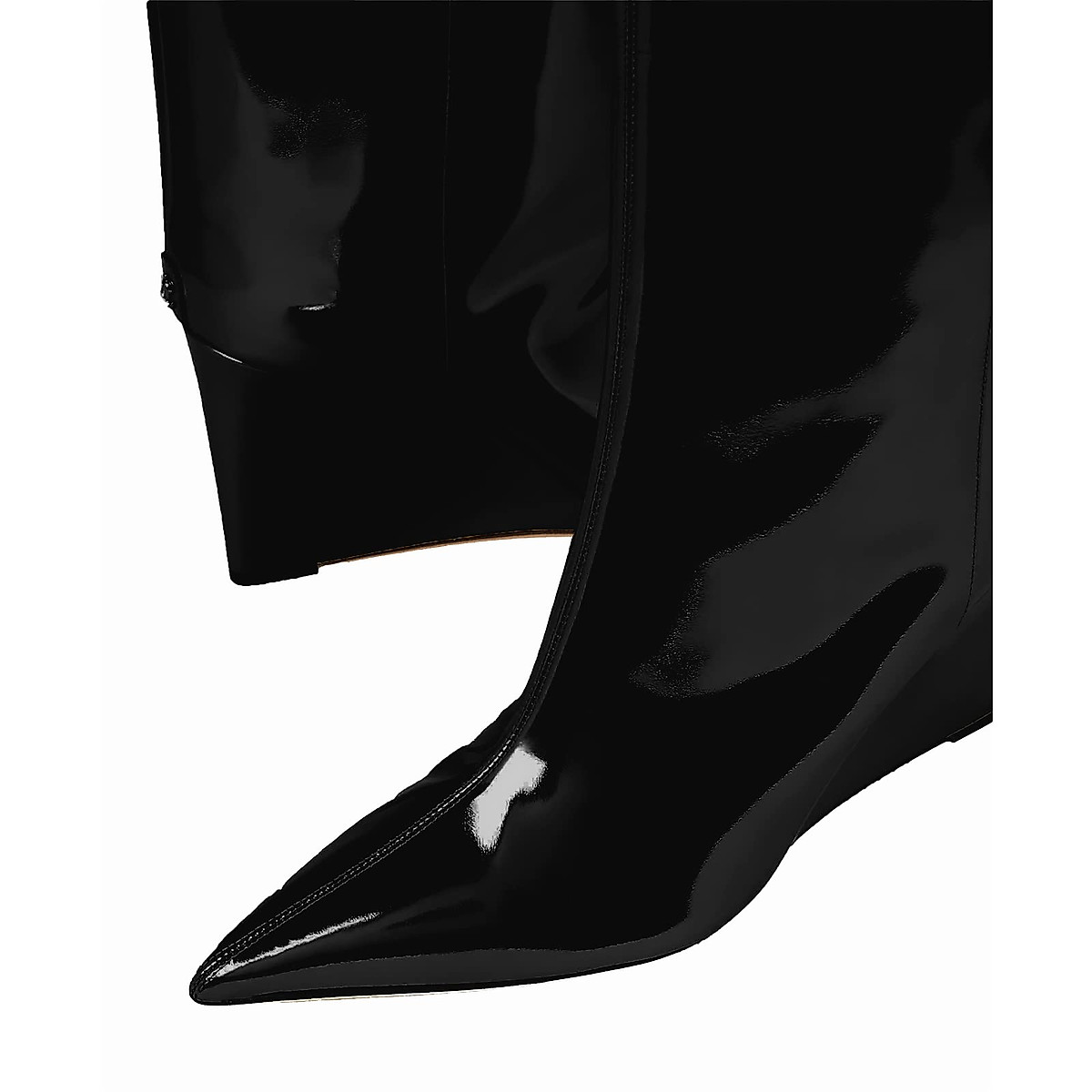 THESHY Women‘s Pointed Toe Knee High Boot Wedge Metallic High Heel Thigh High Boot Patent Leather Pull on Shoes