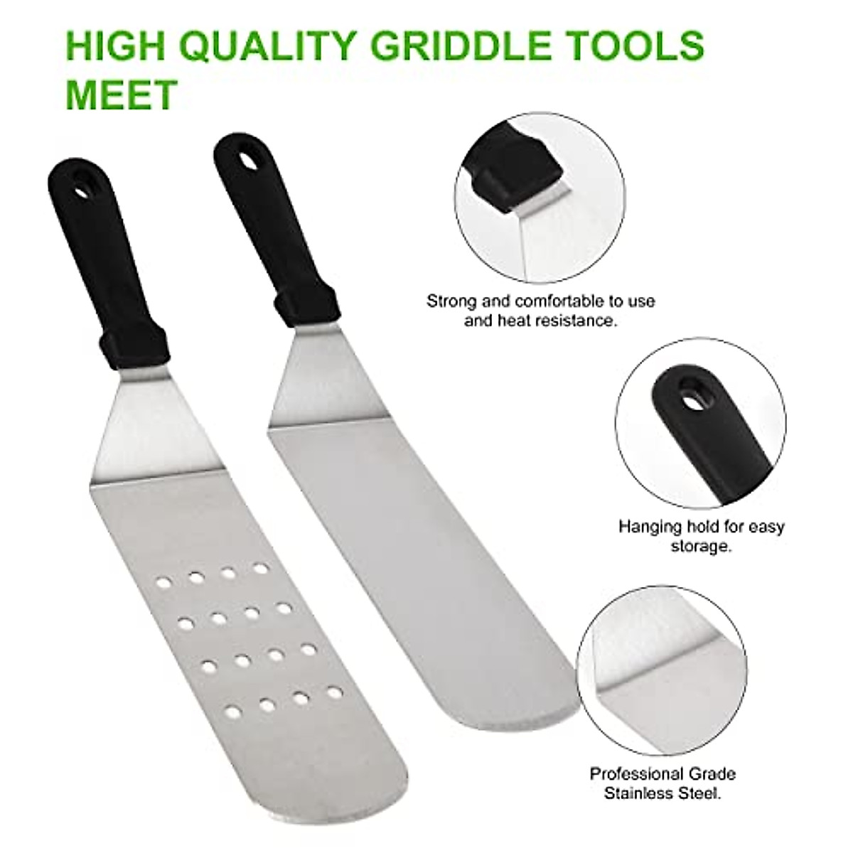 Stolix 29Pcs Stainless Steel Griddle Accessories Kit for Blackstone and Camp Chef Grill BBQ Spatula Set with Carry Bag 100Pcs Bamboo Skewers