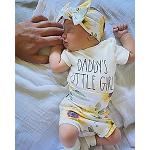 Newborn Infant Baby Girl Daddys Little Girl Short Sleeve Romper Tops Sunflower Shorts Pants Headband Summer Outfits (White-Sunflower, 0-3 Months)