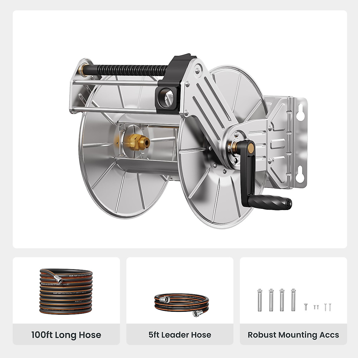 Giraffe Tools Stainless Steel Garden Hose Reel with 5/8" x 100 ft Heavy Duty Hose, Wall/Floor Mounted Metal Water Hose Reel with Crank Handle