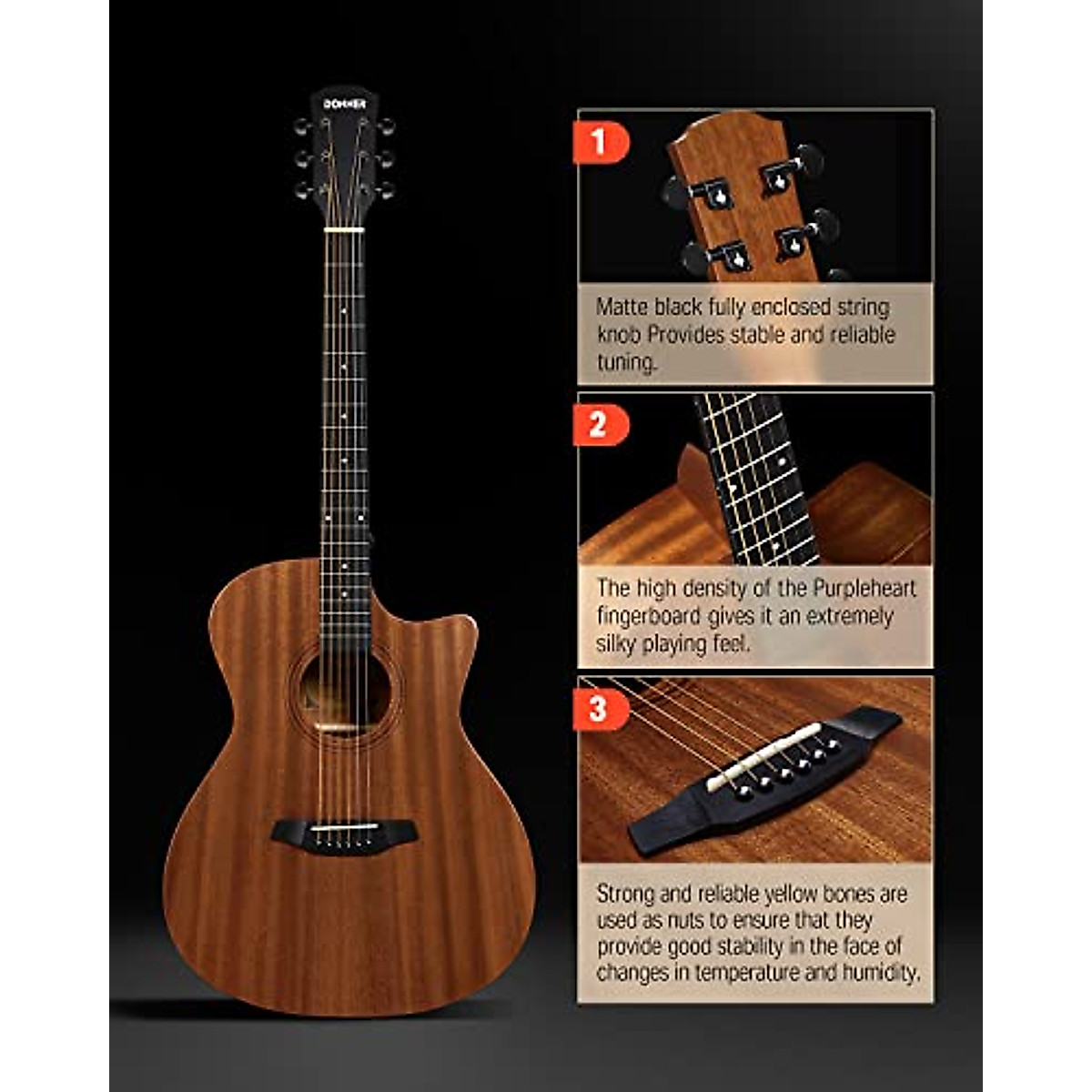 Donner Acoustic Guitar Beginner Full Size 41 Inch Soild Mahogany Top Cutaway Grand Auditorium Adult Starter Bundle Kit with Gig Bag Strap Tuner Capo Pickguard String 4 Picks Cloth Right Hand BLACK