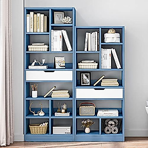 IOTXY Wooden Open Shelf Bookcase - 71 Inches Tall Freestanding Display Storage Cabinet Organizer with 10 Cubes and a Drawer, Floor Standing Bookshelf in Bright Blue