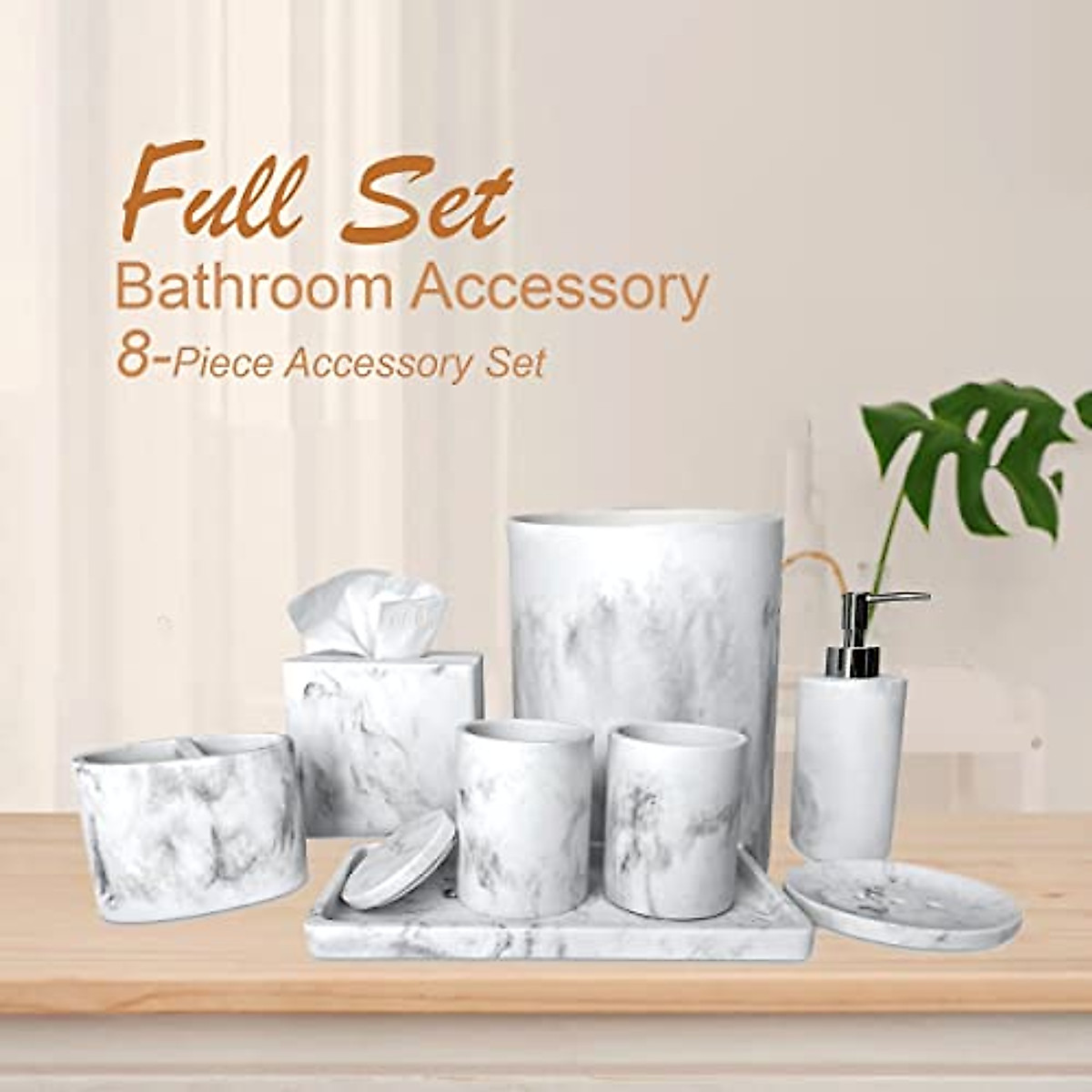 8 PCS White Marble Resin Bathroom Accessory Set, Modern Marble Bathroom Set - Bathroom Soap Dispenser and Toothbrush Holder Set, Tumbler, Soap Dish, Cotton Jar, Amenity Tray, Tissue Box & Waste Basket