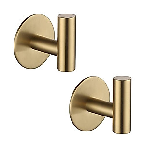 ZWTNBFST Adhesive Hooks 304 Stainless Steel Robe Hook Holder Heavy Coat Hook for Bathroom Kitchen Livingroom Garage Hotel Brushed Finish 2pcs (Brushed Gold)