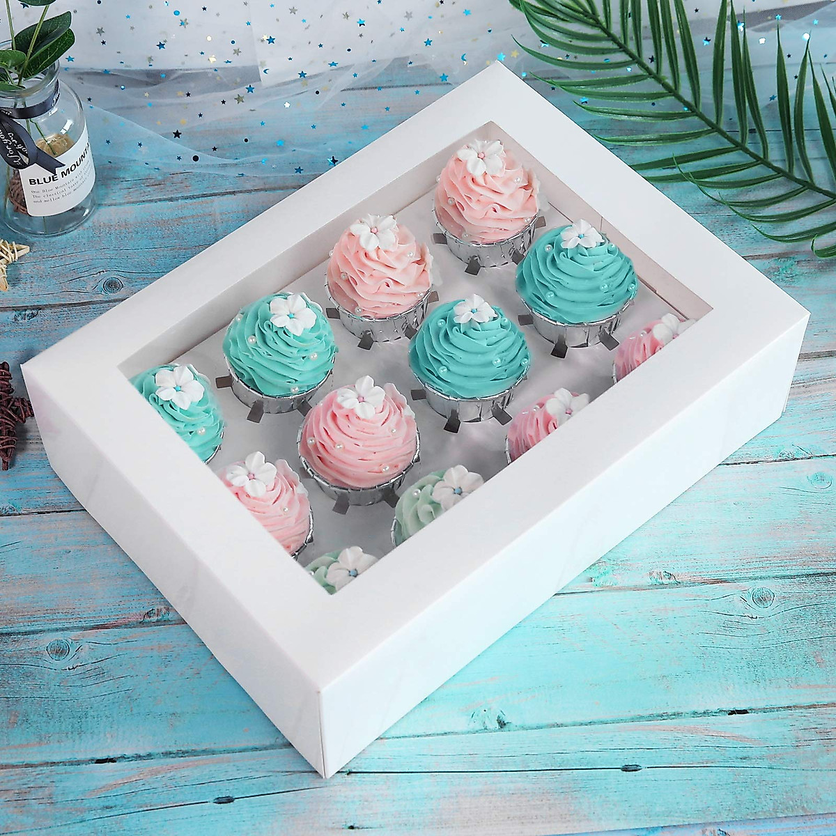 ONE MORE 15-Pack White Cupcake Boxes 12 Holders Cake Carrier Food Grade Pop-up Bakery Boxes 13.8 x 9.5 x 4inch with Inserts and PVC Windows Fits 12 Cavity Cupcake Pack of 15