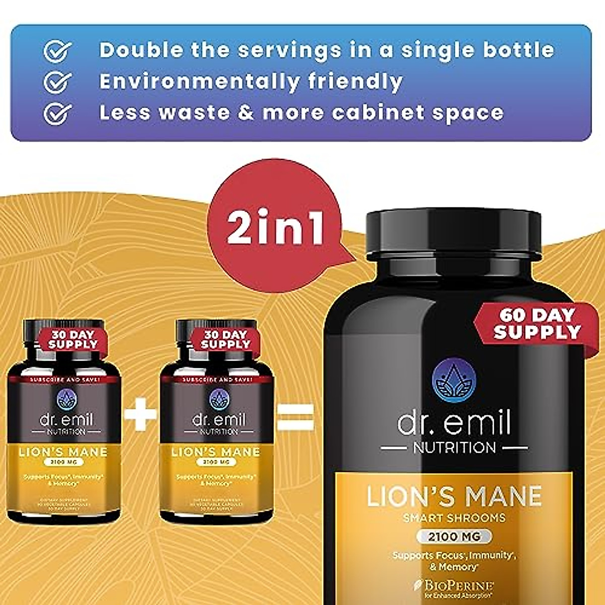 Organic Lions Mane Mushroom Supplement for Mental Clarity, Focus & Immune Support - Organic Brain Boosting Nootropic Lions Mane Mushroom Capsules with 100% Organic Lions Mane Extract, 60 Servings