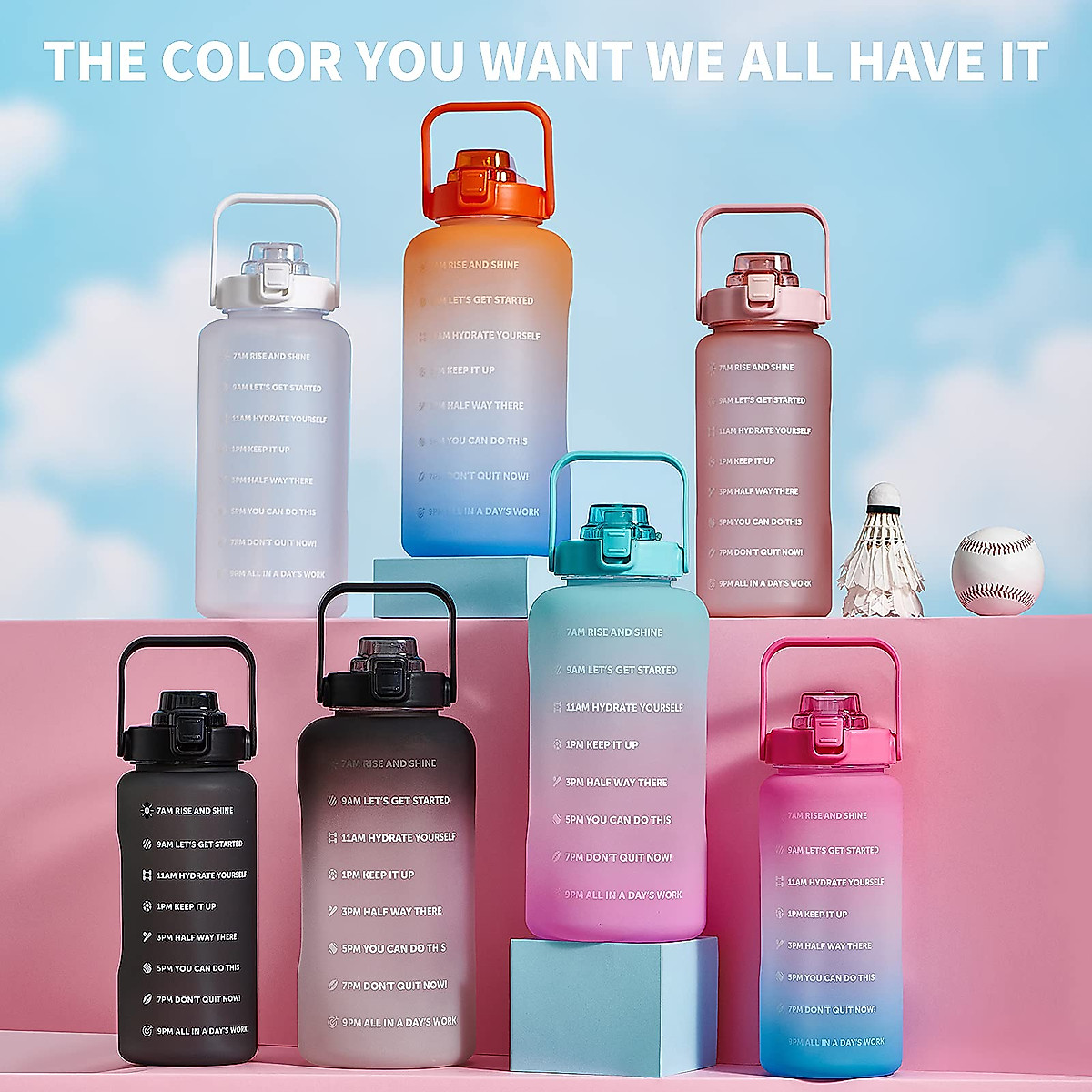 ST-YIBEN 64oz Large Motivational Water Bottle with Time Marker, Leakproof & BPA Free Half Gallon Water Bottle with Straw & Handle Tritan Frosted Water Jug for Women Men to Fitness,Gym,Sports