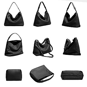 Women Boston Bag Woven Vegan Leather Handbags Female Satchel Messenger Bag Fashion Shoulder Crossbody Bag Casual Hobo (Black)