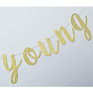 Four Ever Young Banner for 4th Birthday Party Decorations Supplies, Pre-Strung Cursive Bunting Photo Booth Props Sign(Gold)