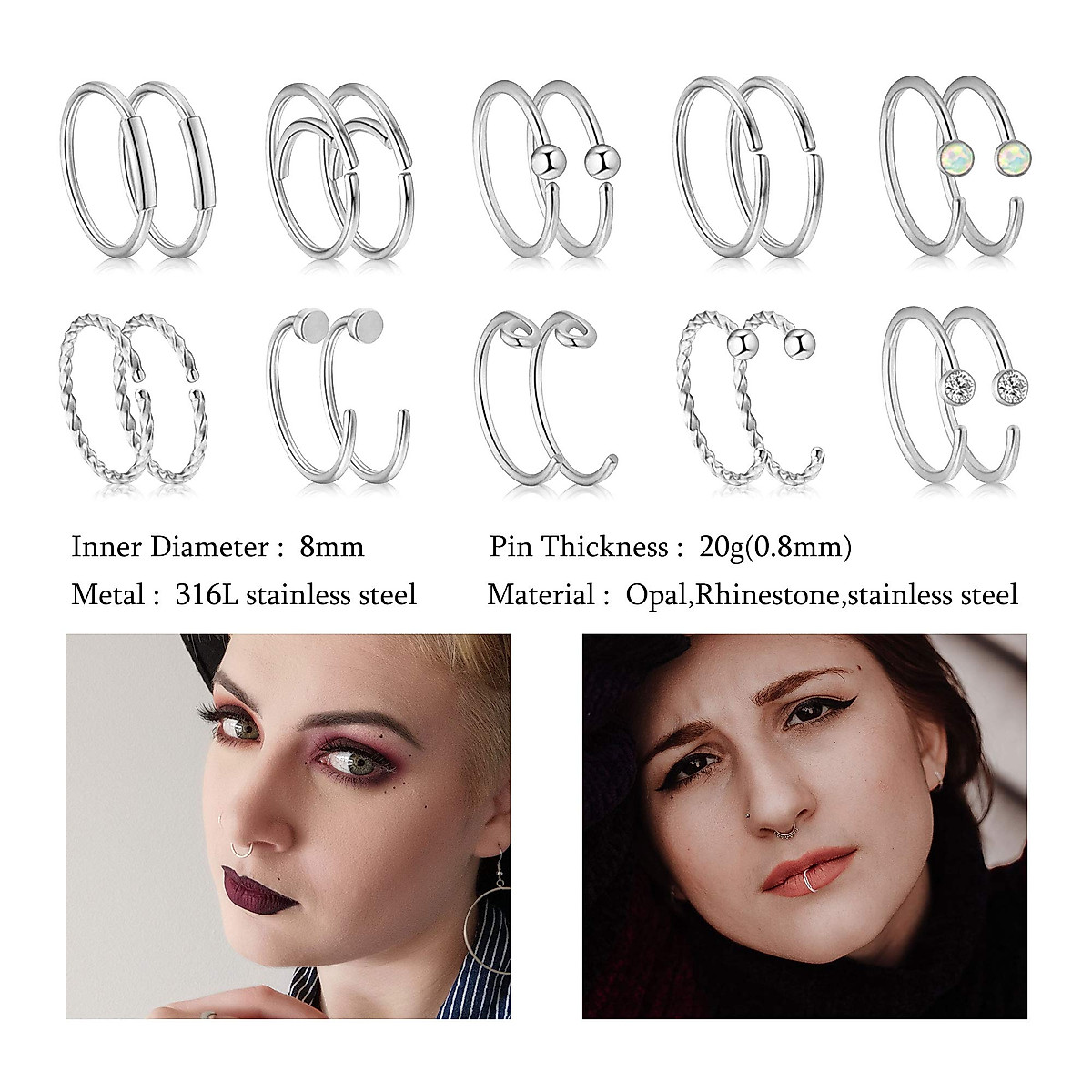 Sunligoo Nose Rings 20G 38Pcs Stainless Steel Nose Studs CZ L Bone Screw Shaped Silver Hoop Nose Ring Labret Nose Piercing Jewelry for Women Men