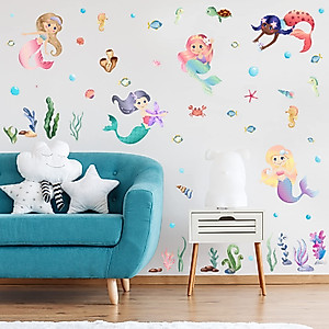 PLIGREAT 2 Sheets Mermaid Wall Stickers, Ocean Creature Decor, Bathroom Mermaid Decals for Girls Bedroom Baby Nursery Kid Room Bathroom Decor Gift