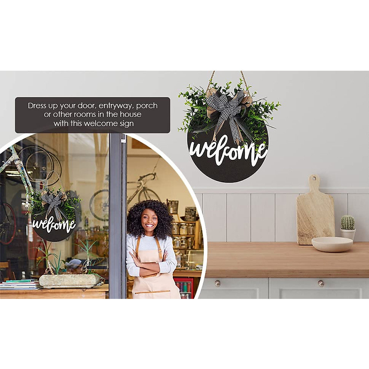 Welcome Sign Welcome Front Door Round Wood Sign Hanging Welcome Sign for Farmhouse porch Spring Welcome Sign Front Door Decoration （Blackboard welcome） (Black Hello, Black 12 inches)