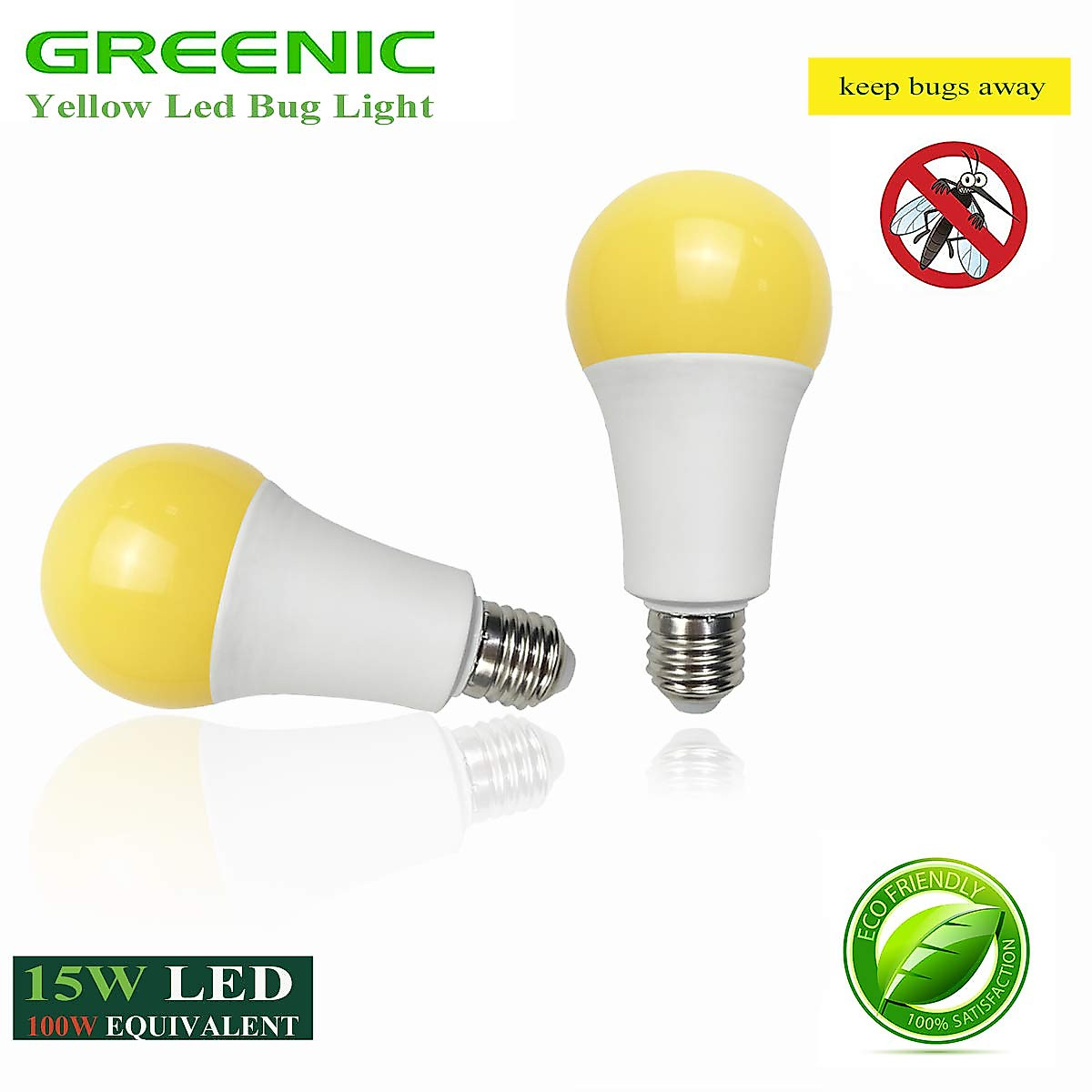 GREENIC LED Outdoor Yellow Led Light Bulb 15W A21 1500LM(100 watt Equivalent) E26 Medium Base Garden Patio Porch Light, 2 Pack