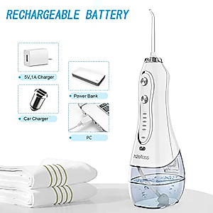 H2ofloss Water Flosser Portable Dental Oral Irrigator with 5 Modes, 6 Replaceable Jet Tips, Rechargeable Waterproof Teeth Cleaner for Home and Travel -300ml Detachable Reservoir (HF-6)