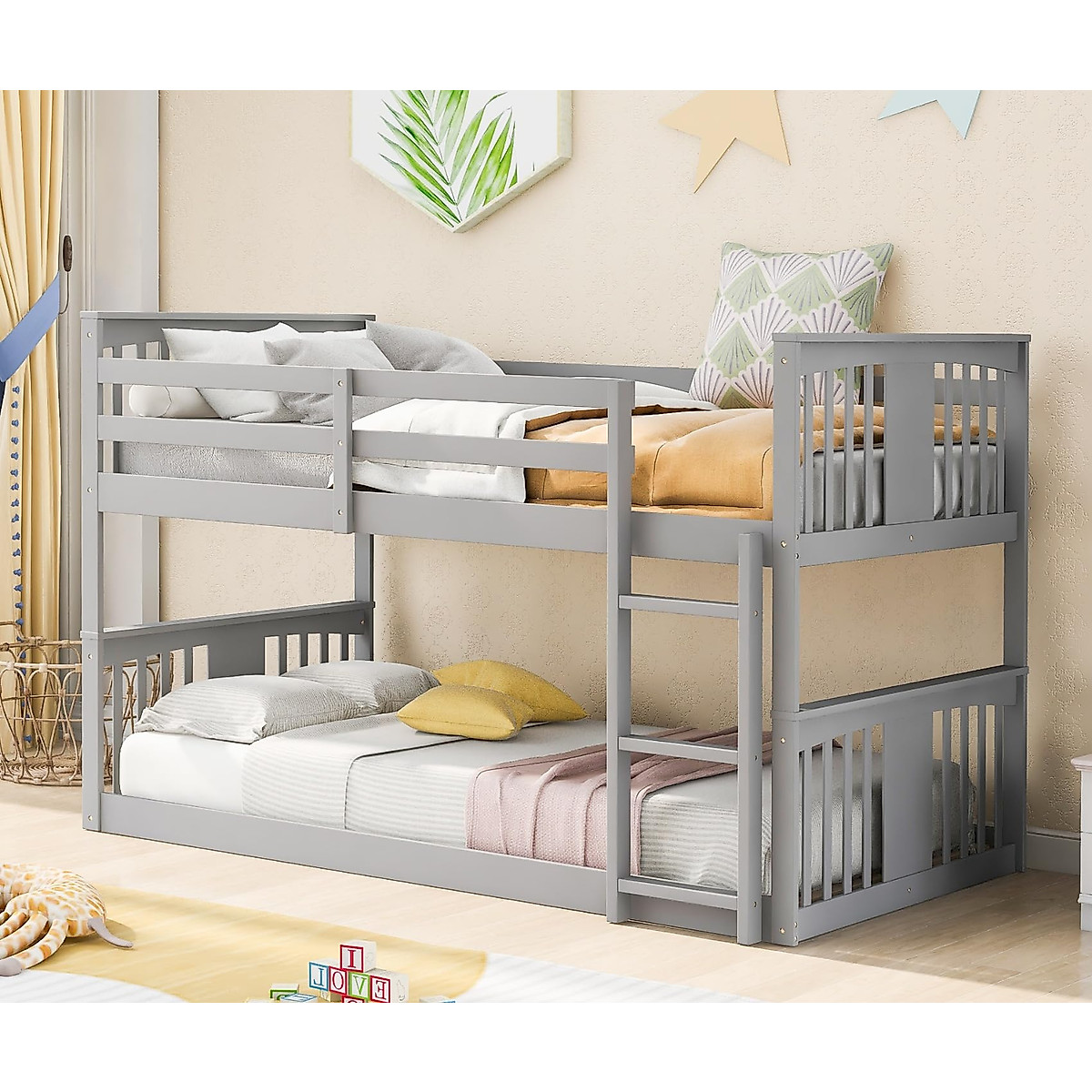 Merax Kids Bunk Bed Twin Over Twin, Wood Low Floor Bunkbed with Stairs Guardrail for Boys, Girls, Toddlers, No Box Spring Required, Grey