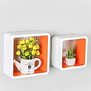 Homewell Set of 2 Cube Floating Shelves, Wood Wall Shelves for Home Decoration, Storage Display Rack, White+Orange.