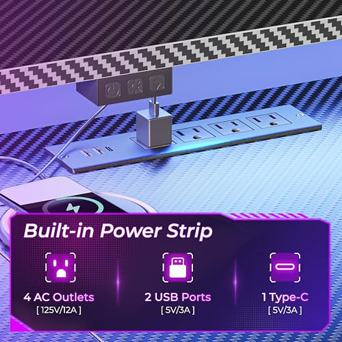 SUPERJARE Desk L Shaped Gaming Desk with LED Lights & Power Outlets, Computer Desk with Monitor Stand, Home Office Desk Corner Desk with Headphone Hooks, Carbon Fiber Black