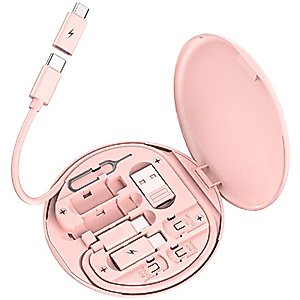 Multi USB Charging Adapter Cable Kit, USB C to Lighting Adapter Box, Conversion Set USB A & Type C to Male Micro/Type C/Lightning, Data Transfer, Card Storage, Tray Eject Pin, Phone Holder (Pink)