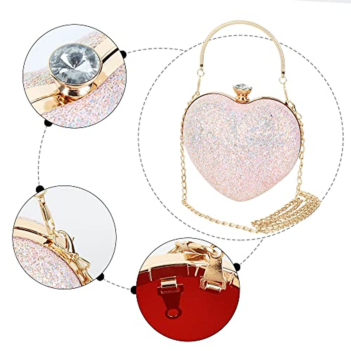 Goclothod Women Glitter Heart Shape Clutch Purse Leather Shoulder Bag Party Handbags