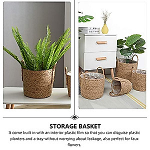Cabilock Seagrass Plant Basket Hand Woven Belly Basket Bin Straw Beach Bag Panier with Handles for Laundry Picnic Plant Pot Cover Flower Home Toys Decor 25CM Khaki