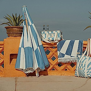 Business & Pleasure Co. Amalfi Umbrella - 7.2' Boho Beach Umbrella - Large & Sturdy Yet Lightweight - UPF 50+ UV-Resistant Canvas, Classic Spiral Blue