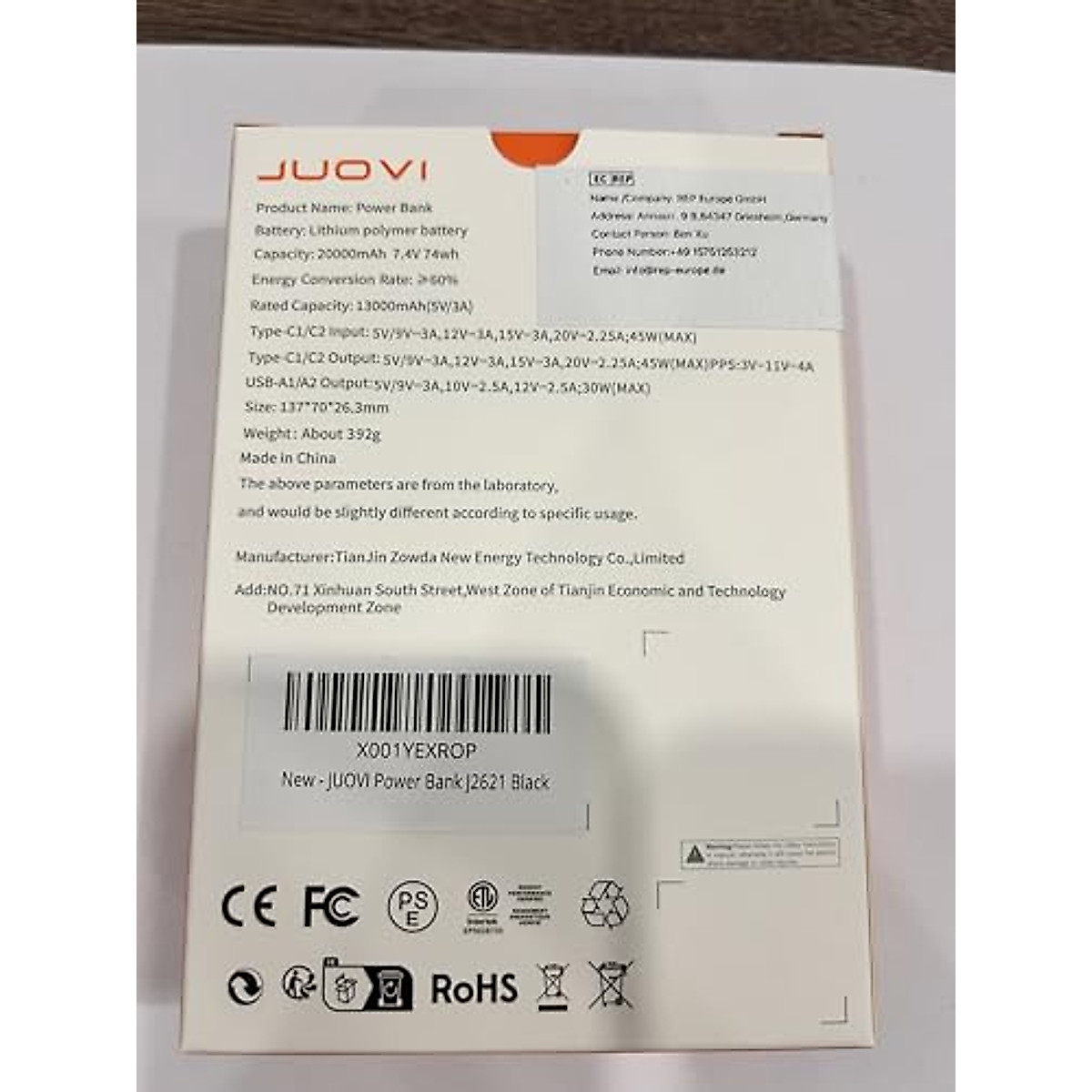 JUOVI J2621 Power Bank Portable Charger,20000mAh 45W PD3.0 QC 4.0 Fast Charging Battery Pack with LED Display,2 USB-C,2 USB-A for iPhone 15 16, MacBook