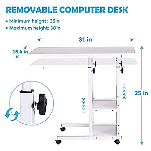 Urban Deco Home Office Desk with Drawer Standing Desk Adjustable Height, Moveable Computer Stand with 4 Wheels & Plastic Drawers Corner Desks for Home Office - White