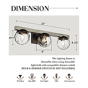 YKLITG Farmhouse Vanity Lights, Rustic Bathroom Lights with Hammered Glass Shade, 3-Light Bathroom Vanity Light with Wood Base for Bathroom, BD019-3-BK