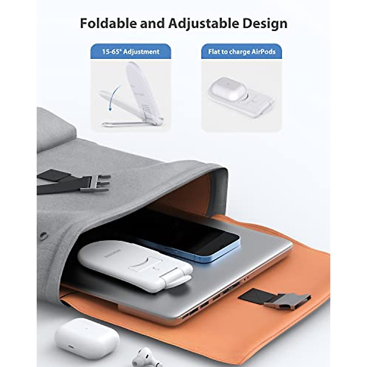 Foldable Wireless Charging Stand,15W Fast Wireless Charger and Charging Pad for iPhone 14/13 Pro Max/12/11/8 Plus/X/XR/XS/Mini/SE, Pixel 6/5,Samsung S21 Ultra/20/10/ Note 10 and AirPods(No Adapter)