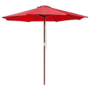 Yescom 9ft Wooden Outdoor Patio Red Umbrella W/ Pulley Market Garden Yard Beach Deck Cafe Sunshade