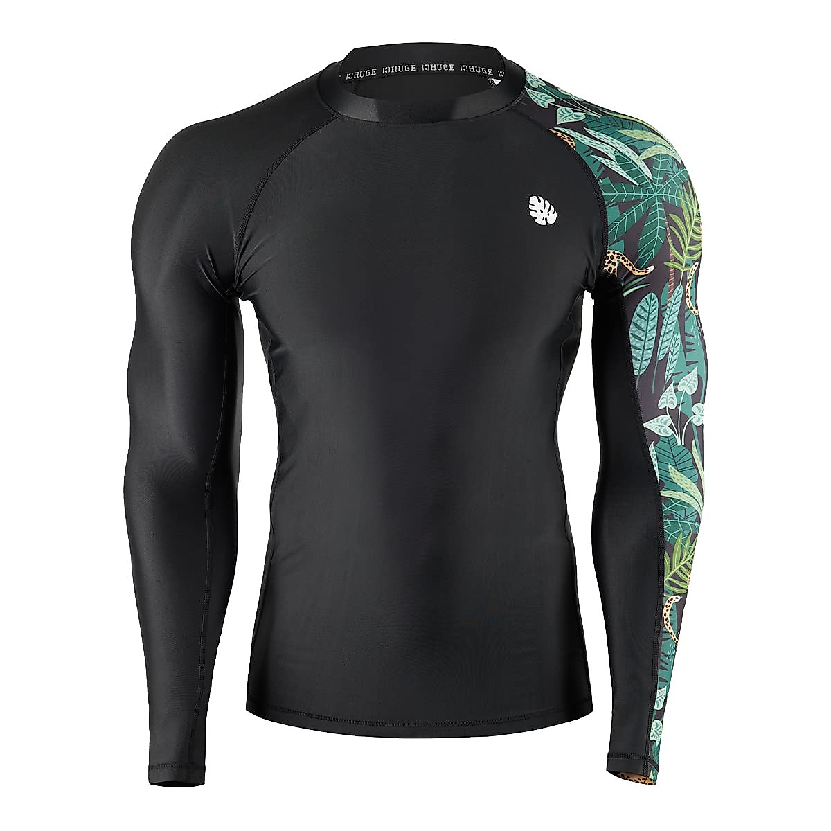 HUGE SPORTS Men's Rash Guard Long Sleeves UPF 50+ UV Sun Protection Quick Drying Splice Compression Swim Shirts Black Leopard