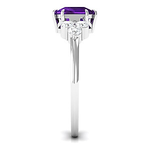 Rosec Jewels Certified Amethyst 8mm Asscher Cut Engagement Ring, AAA Quality, Natural Amethyst Diamond Ring - Ideal For Gift, 14K White Gold, Size:US 7.00