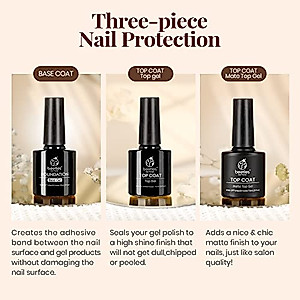 Beetles Gel Top Coat Base Coat Set for Gel Nail Polish, 3Pcs No Wipe Base Gel Matte & Shiny Top Coat, Long Lasting High Gloss and Matte Effects Soak off Uv Led Gel DIY at Home