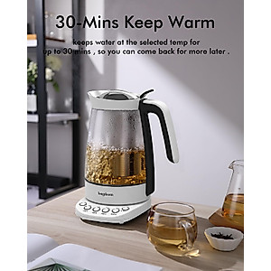 LONGDEEM Electric Glass Tea Kettle with Infuser, 1.7L Fast Boiling, Stainless Steel, Temperature Control Tea Maker, Non-BPA - Easy Lid Removal & Keep Warm Feature, White