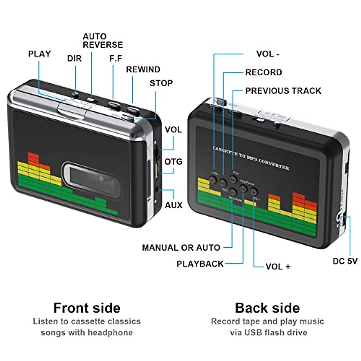 DIGITNOW USB Cassette Player, Portable Walkman Stereo Tape to MP3 Converter, Audio Music Recorder to MP3 Digital File Converter with Earphones, No PC Required, Black, BR607