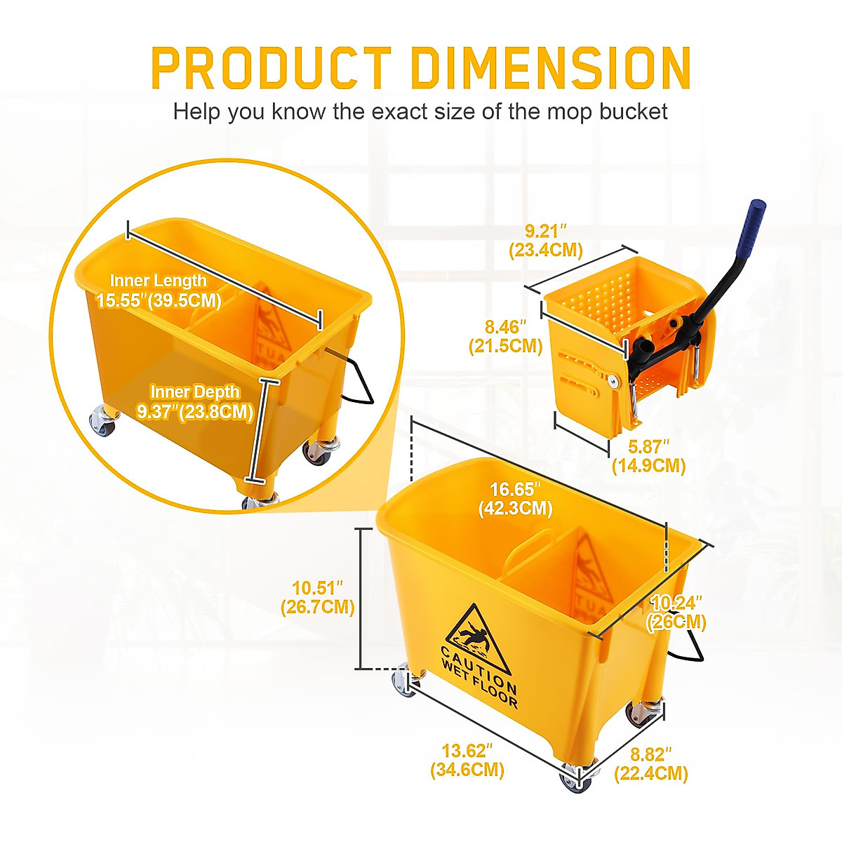 Ridgeyard Side Press Mop Bucket with Wringer and 4 Non-Marking Swivel Casters 20L Capacity for Home Use 41x26.5x40cm (Yellow)