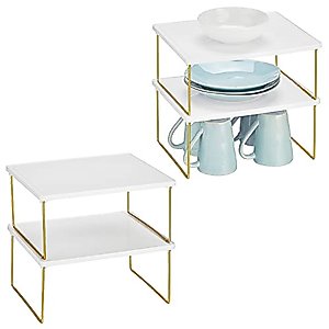 mDesign Metal Stacking Storage Organization for Shelves Inside Cabinet in Kitchen, Pantry, Cupboard, Fridge/Freezer, Organizer Stand for Plates, Bowls, Mugs, Ligne Collection, 4 Pack, White/Soft Brass