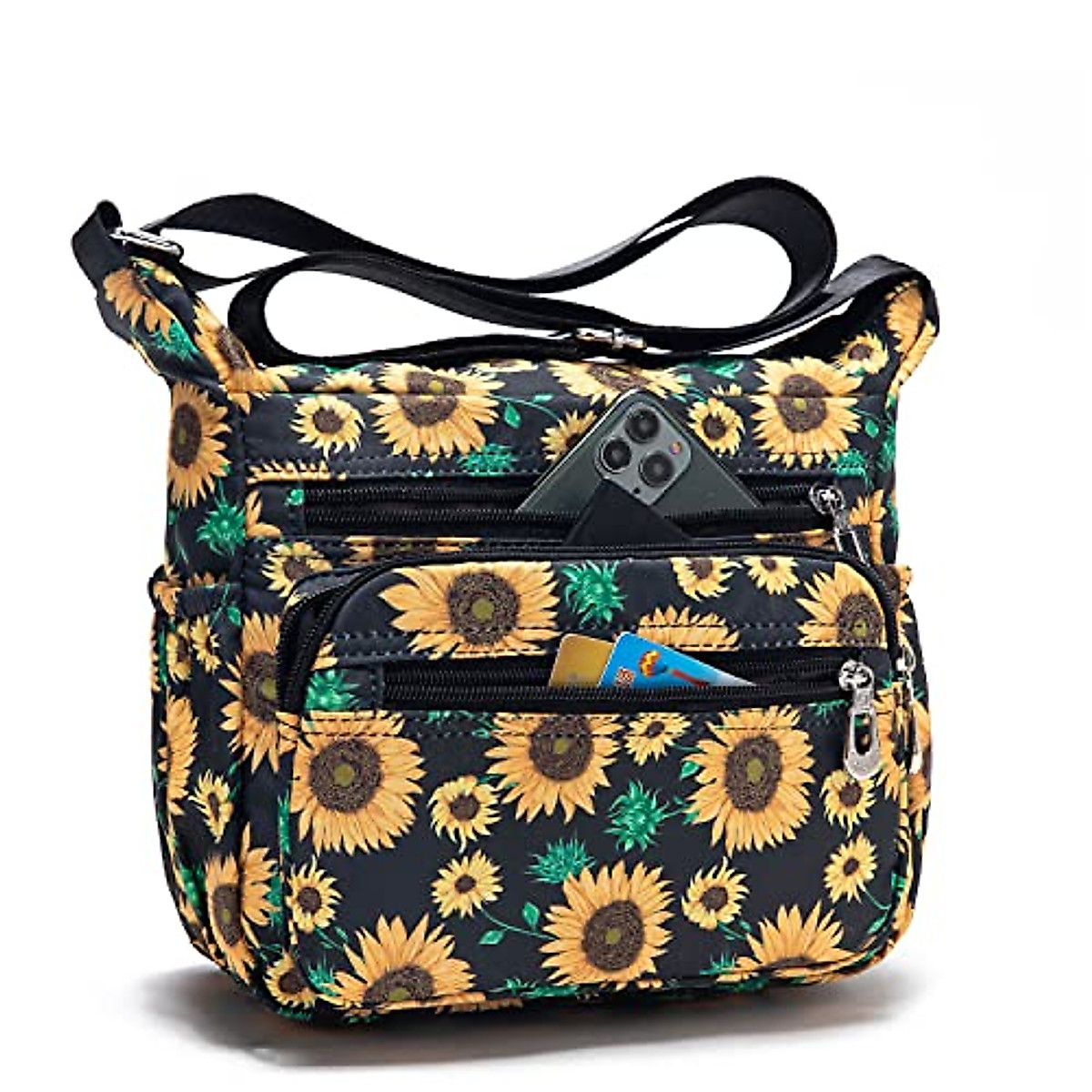 Nawoshow Nylon Floral Multi-Pocket Crossbody Purse Bags for Women Travel Shoulder Bag (Sun Flower)