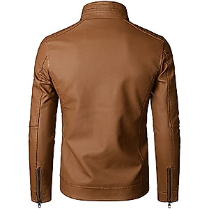 HOOD CREW Men’s Classic Zip Up Bomber Faux Leather Jackets Brown L