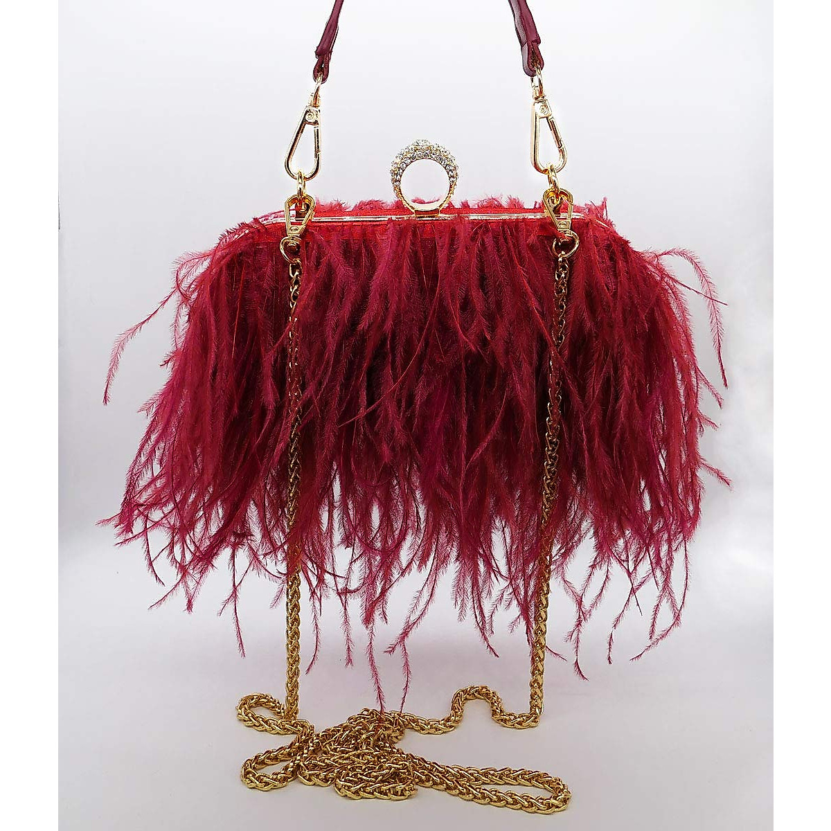 QEBURI Women Fluffy Ostrich Feather Evening Dress Clutch Bag Purse Shoulder Bag (Wine)