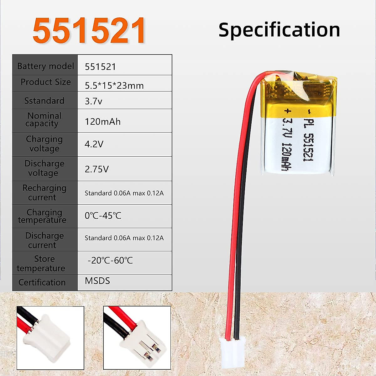 YDL 3.7V 120mAh 551521 Lipo battery Rechargeable Lithium Polymer ion Battery Pack with JST Connector