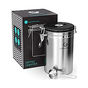 Coffee Gator Stainless Steel Coffee Grounds and Beans Container Canister with Date-Tracker, CO2-Release Valve and Measuring Scoop - Large, 22oz, Silver