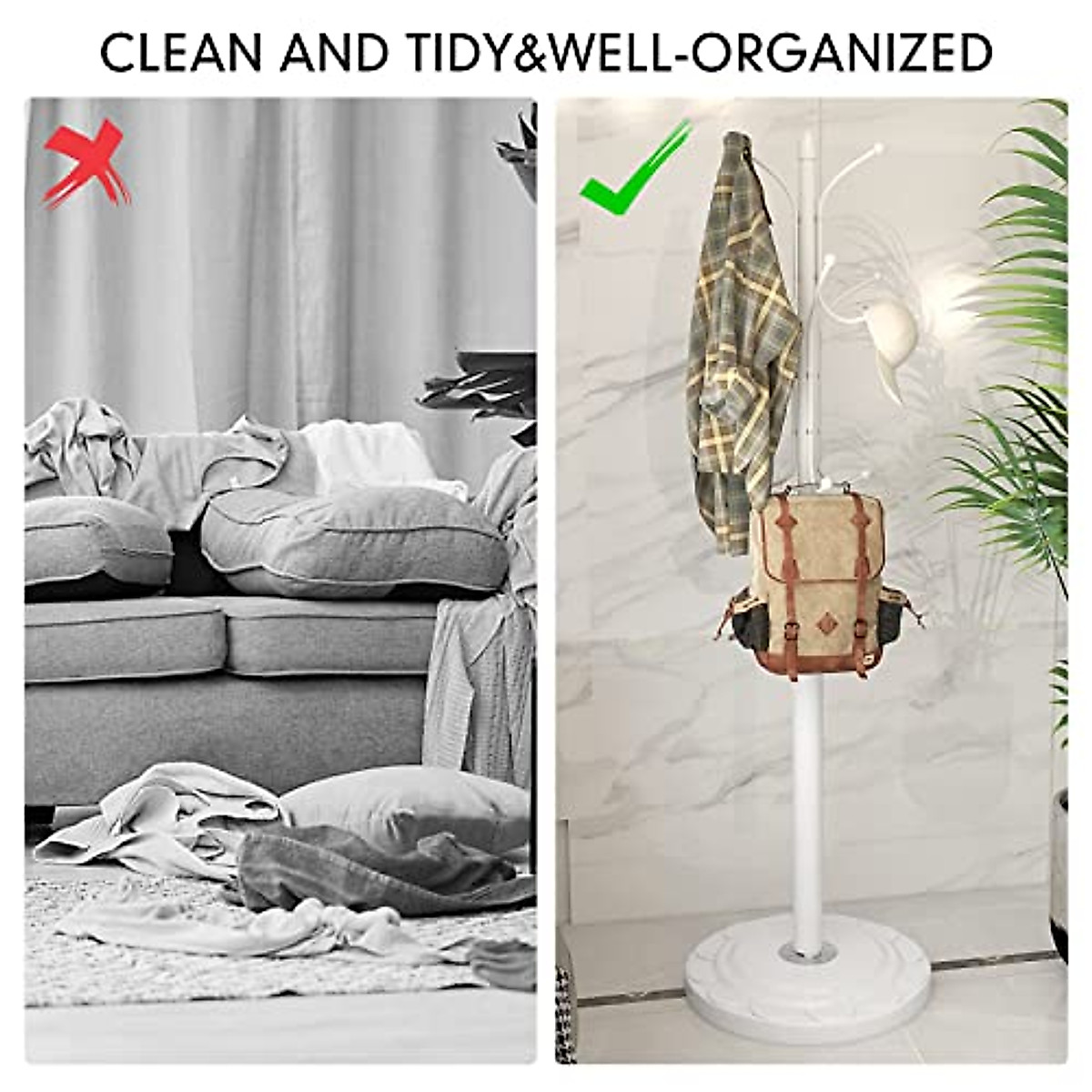 LASIEYO Coat Rack, Coat Rack freestanding With Disc Base, Standing Metal Coat Rack Stand Hat Hanger 12 Hooks, Easy Assembly for Coat Tree Hats Hanger Holder for Purse, Scarf Rack, Jacket (White)