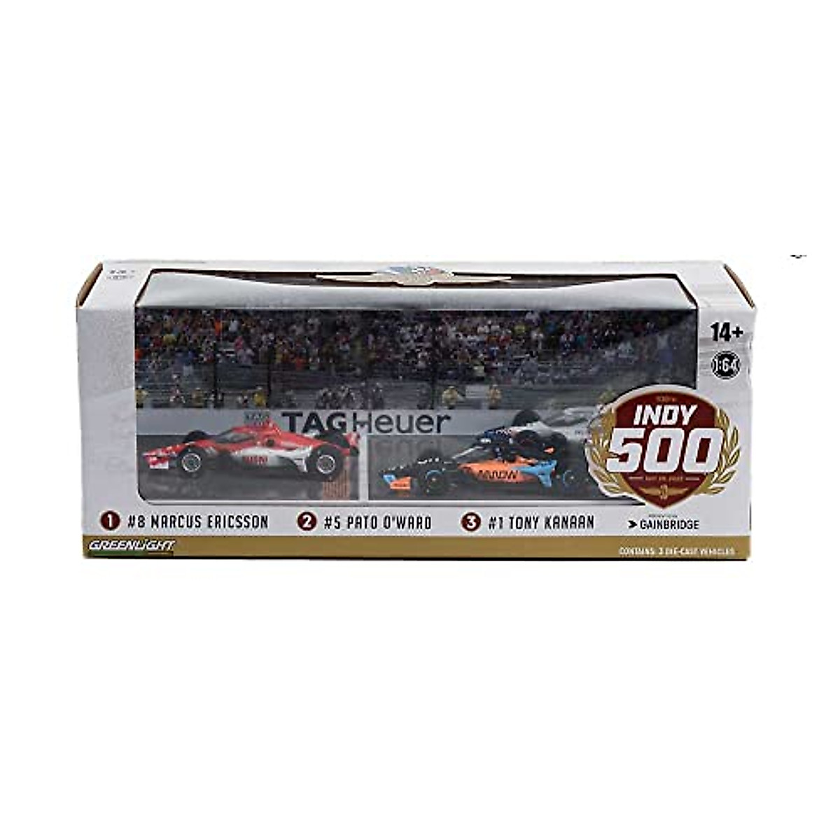 Greenlight 11545 2022 Indianapolis 500 Podium 3-Car Set - #8 Marcus Ericsson, #5 Pato O'Ward, #1 Tony Kanaan, 1/64 Scale
